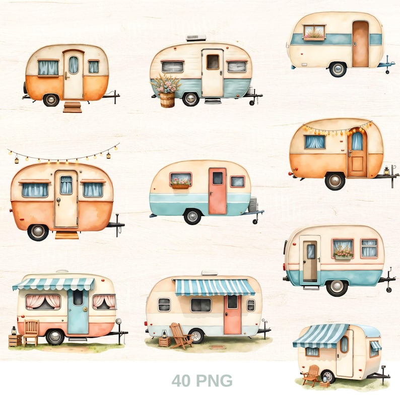 Watercolor Camping Trailer Clipart Set: Retro Camper Graphics (PNG ...