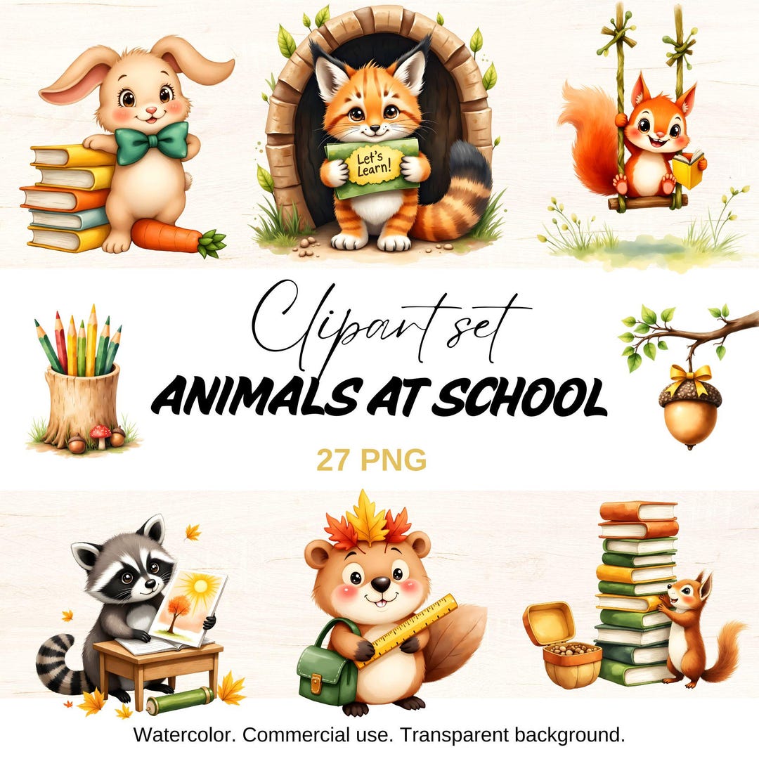 Watercolor School Animals Clipart Set: Classroom Decor PNG (digital ...