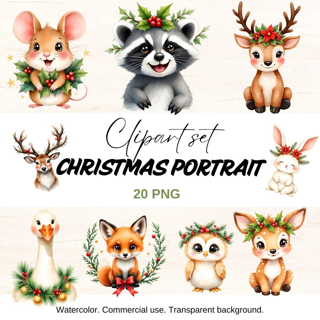 Christmas Animals Clipart Set PNG, Cute Woodland Watercolor Portraits ...