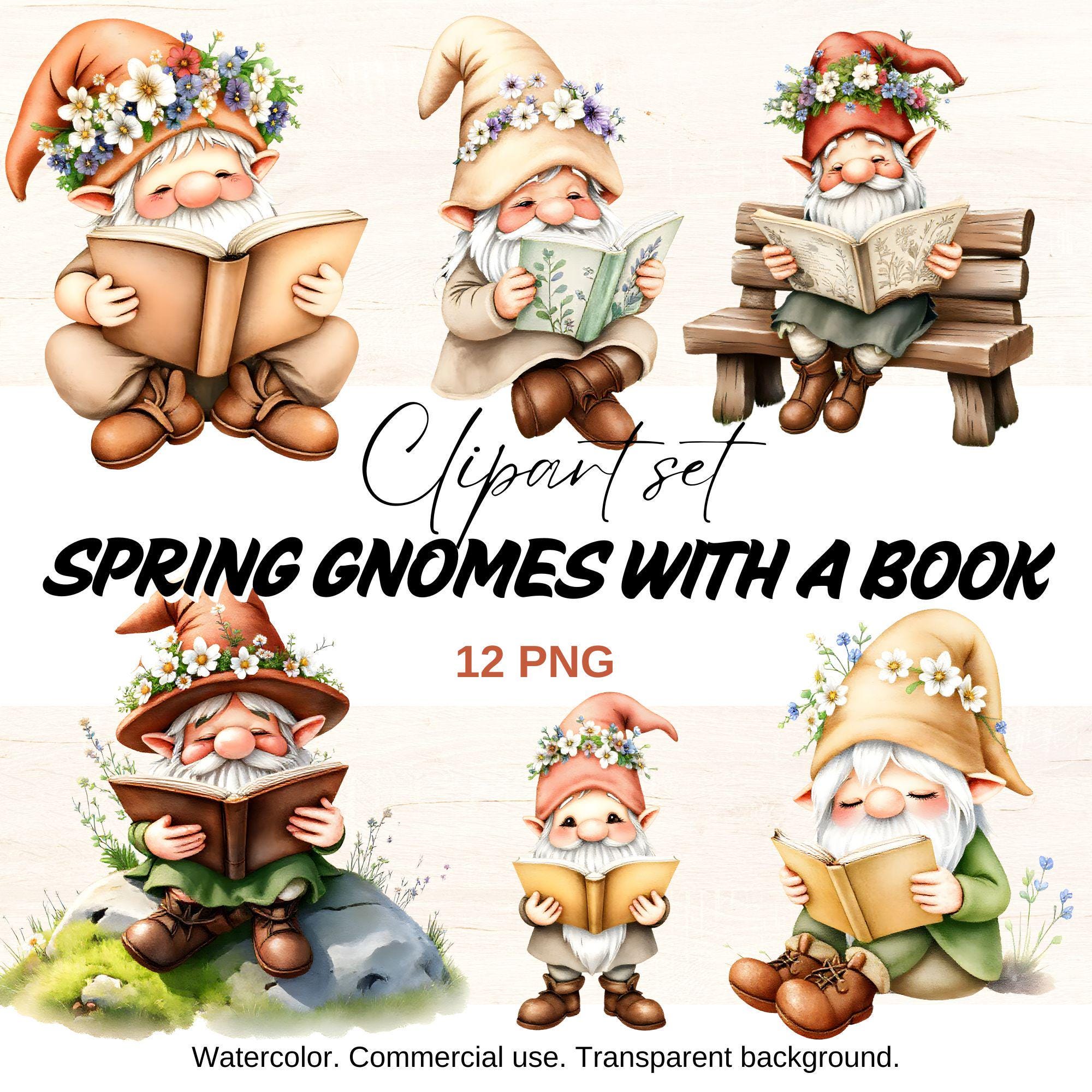 Watercolor Spring Gnomes Clipart Set, Reading Gnomes With Floral Crowns ...