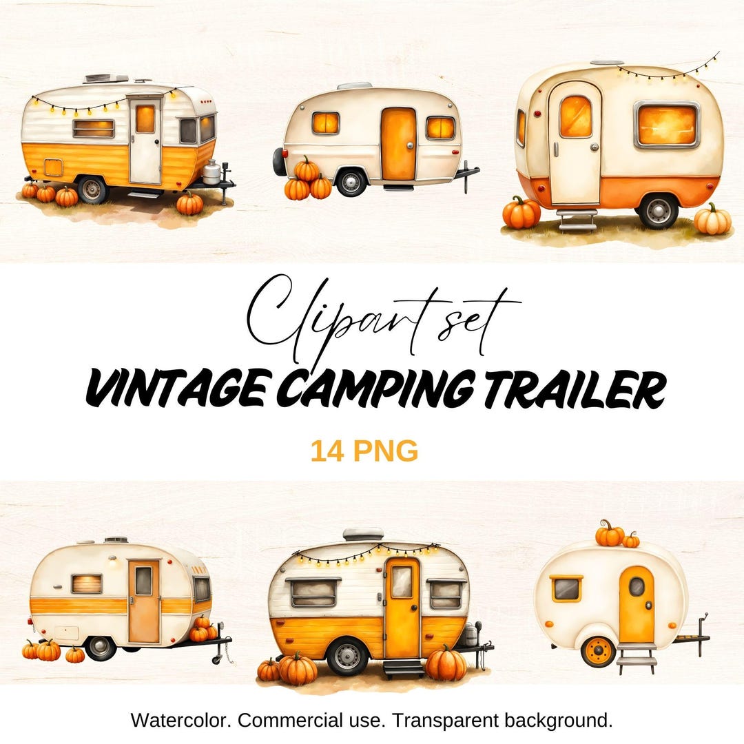 Vintage Camper Clipart Set: Retro Trailer PNG, Watercolor Fall Camping ...