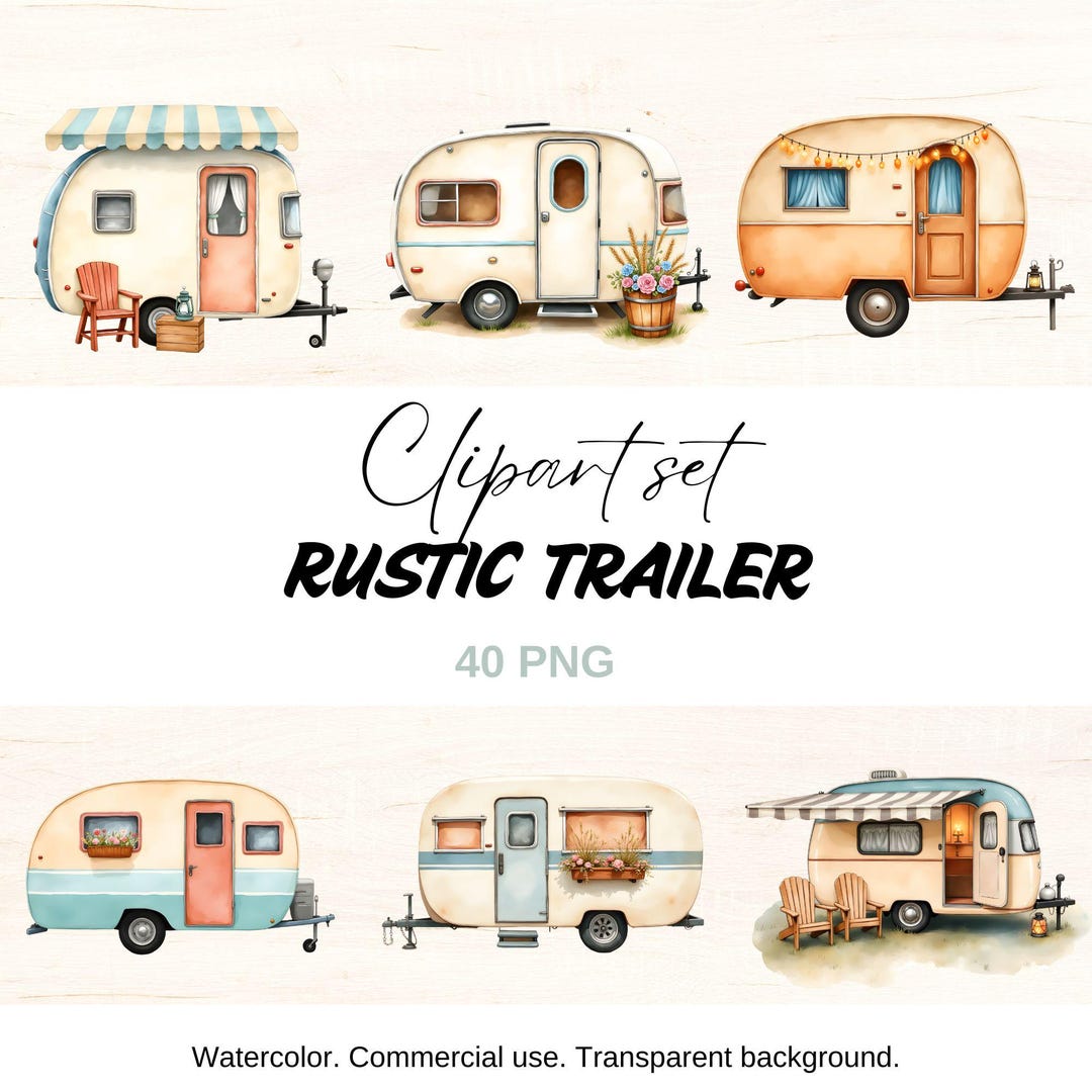 Rustic Trailer Clipart Set, Retro Camper PNG, Watercolor Trailer, Boho ...