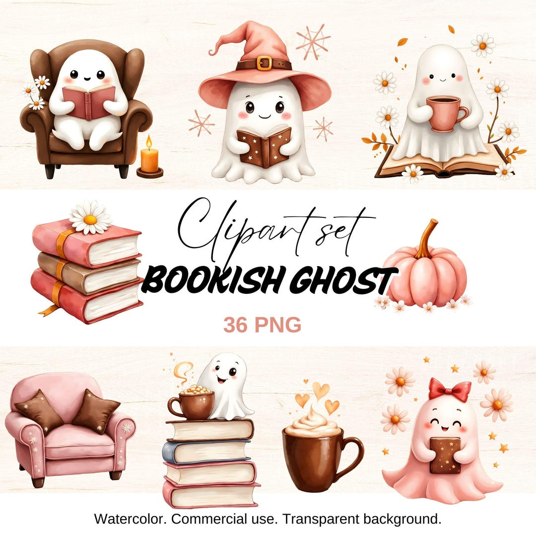Bookish Ghost Clipart Set, Cute Ghost Reading PNG, Cozy Halloween ...