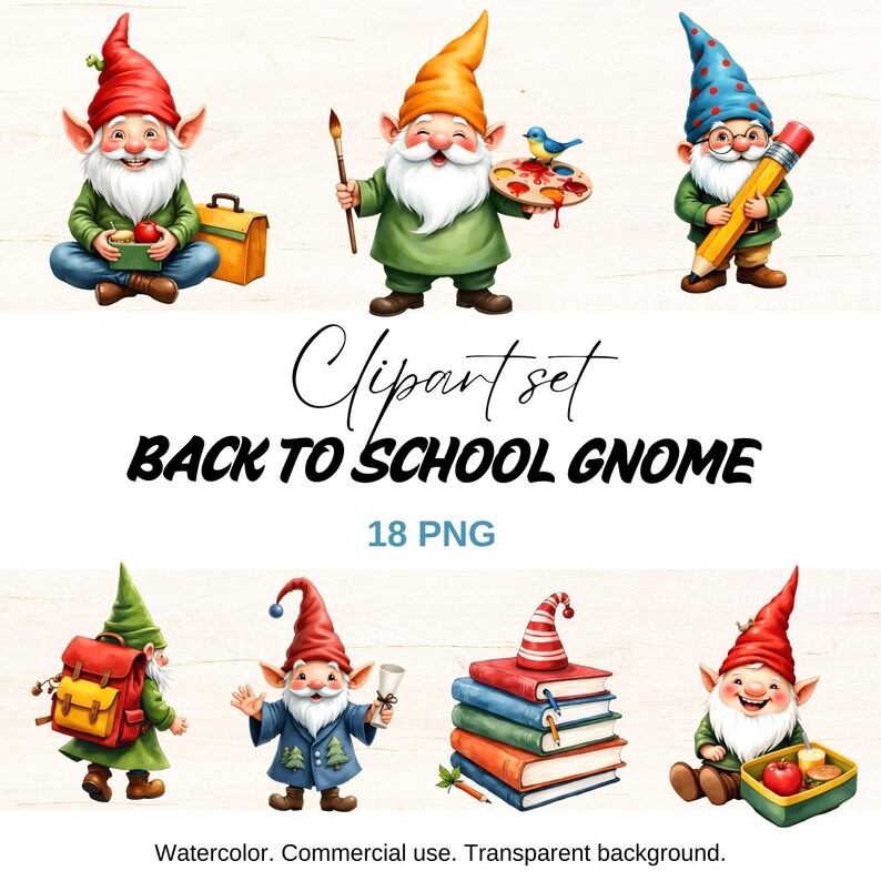 Back to School Gnome Clipart: Watercolor Gnomes, Classroom Decor ...