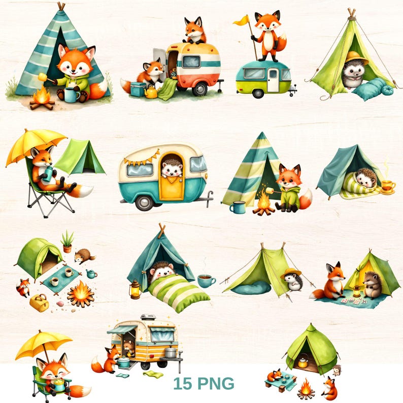 Camping Critters Clipart Set: Watercolor Forest Animals PNG (digital ...