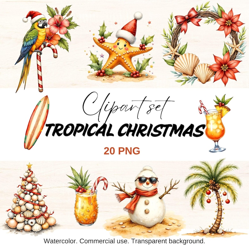 Tropical Christmas Clipart Set, Beach Holiday Watercolor PNG, Summer ...