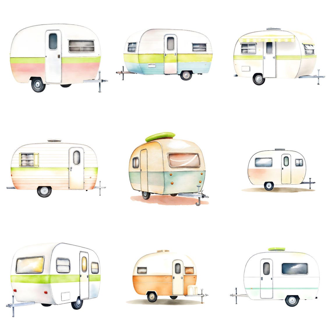 Vintage Trailer Clipart Set: Retro Camper Watercolor Graphics (PNG ...