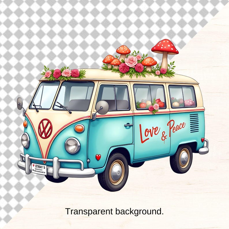 Blue Hippie Van Clipart, Boho Van PNG Set, Retro Peace Camper Clip Art ...