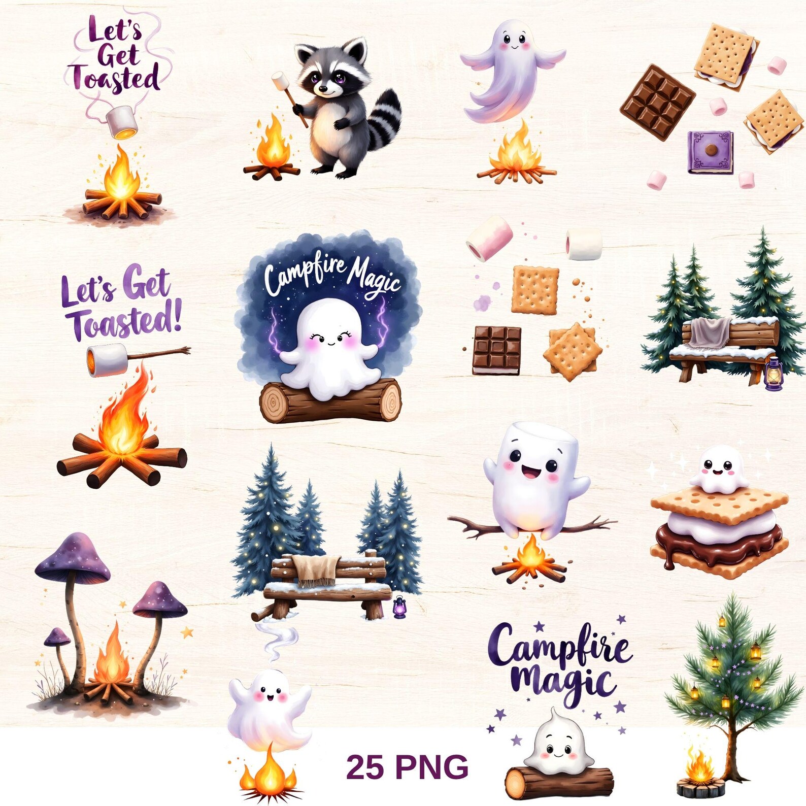 Spooky Campfire Clipart Set: Halloween Ghosts, Mushrooms (PNG Digital ...