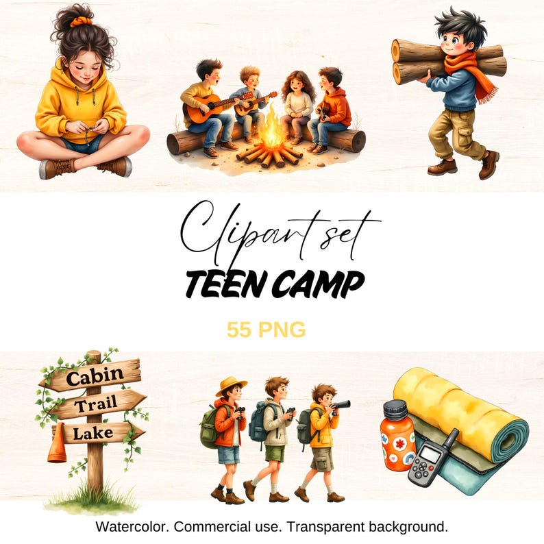Teen Summer Camp Clipart Set, Watercolor Style (55 PNG) - Etsy