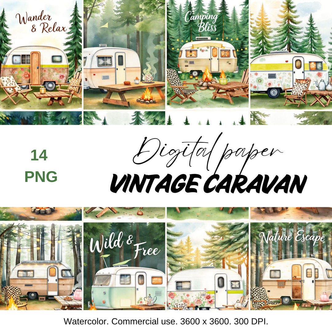 Vintage Caravan Digital Paper: Watercolor Camping PNG Set (digital ...