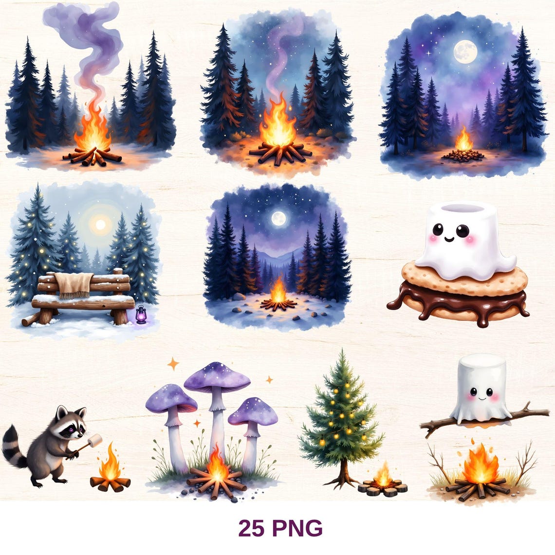 Spooky Campfire Clipart Set: Halloween Ghosts, Mushrooms (PNG Digital ...