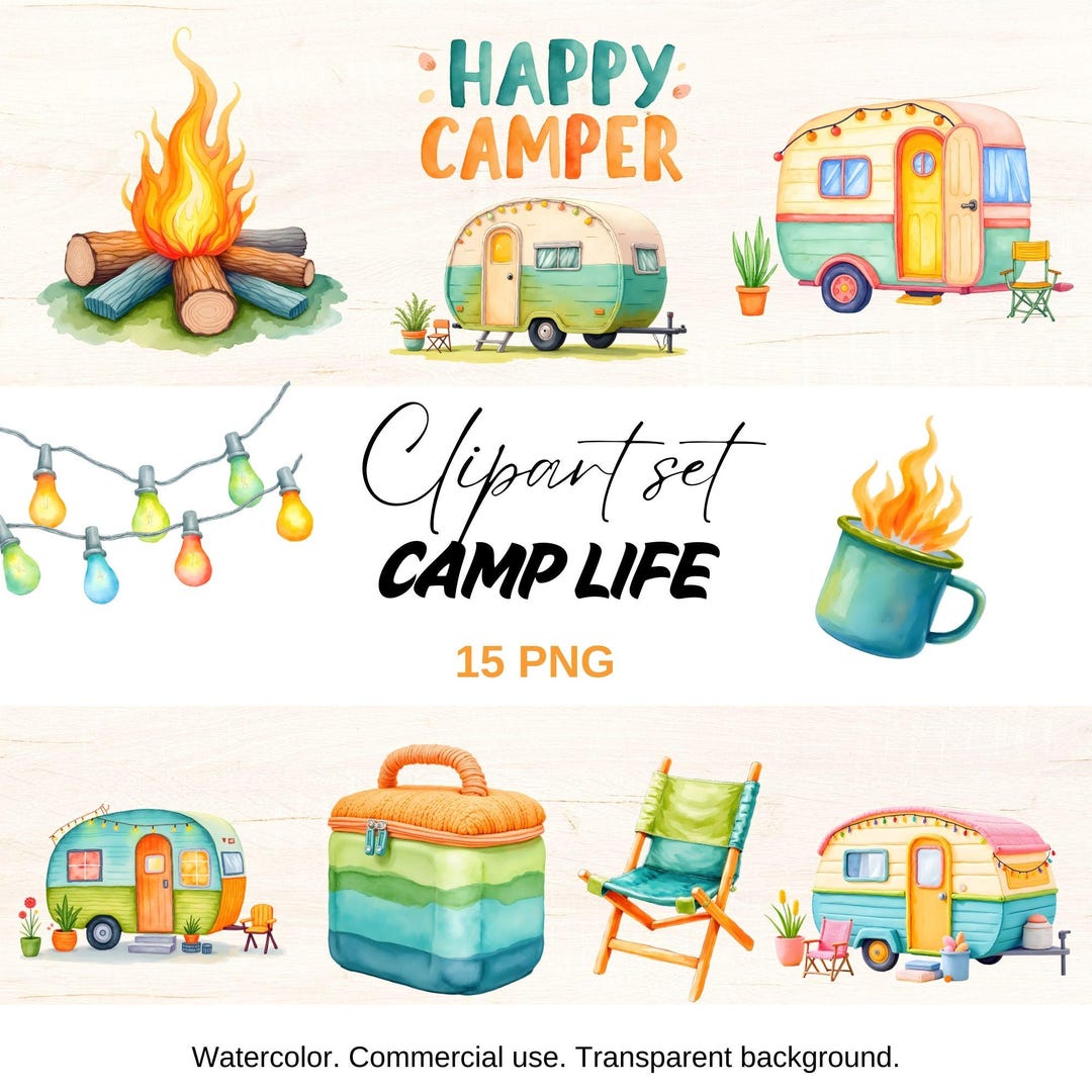 Camp Life Clipart Set PNG, Happy Camper, RV Camping Graphics, Summer ...