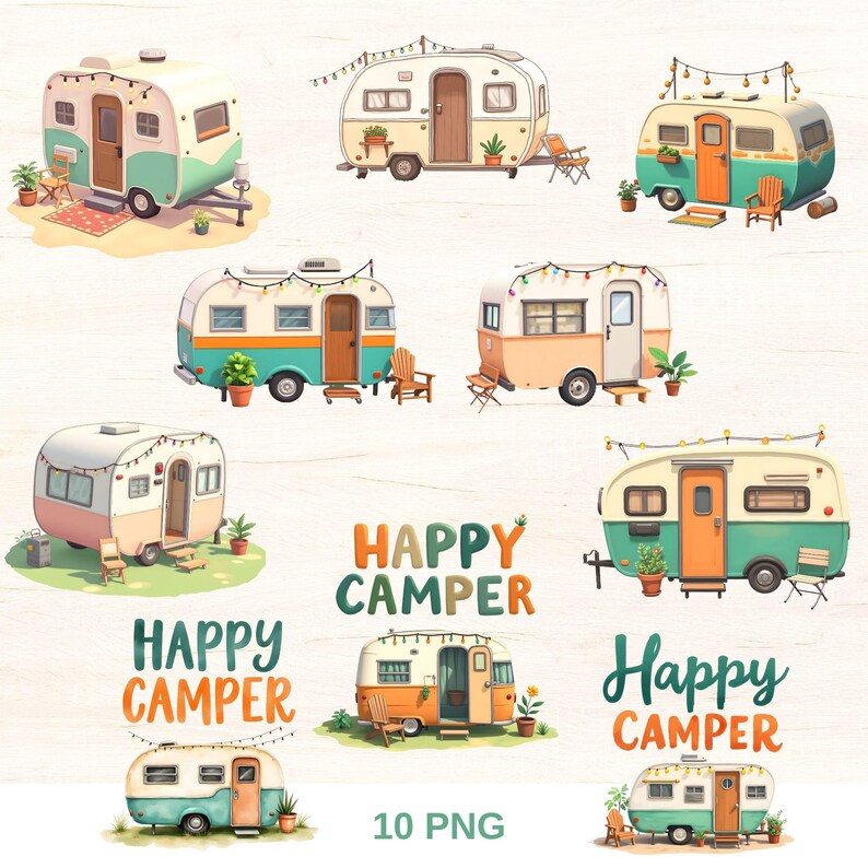 Happy Camper Clipart Set, Camping Trailer PNG, Retro Camper (digital ...