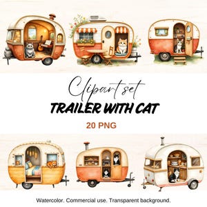 Cat & Trailer Clipart Set: Cozy Camping Watercolor Pngs (digital ...