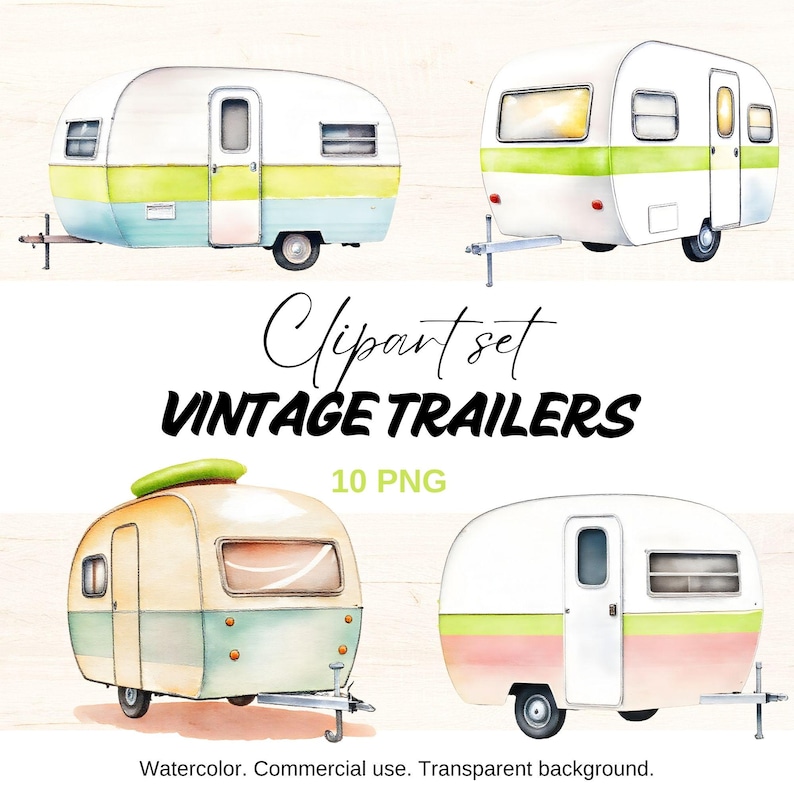 Vintage Trailer Clipart Set, Retro Camper PNG, Watercolor Caravan, Van ...
