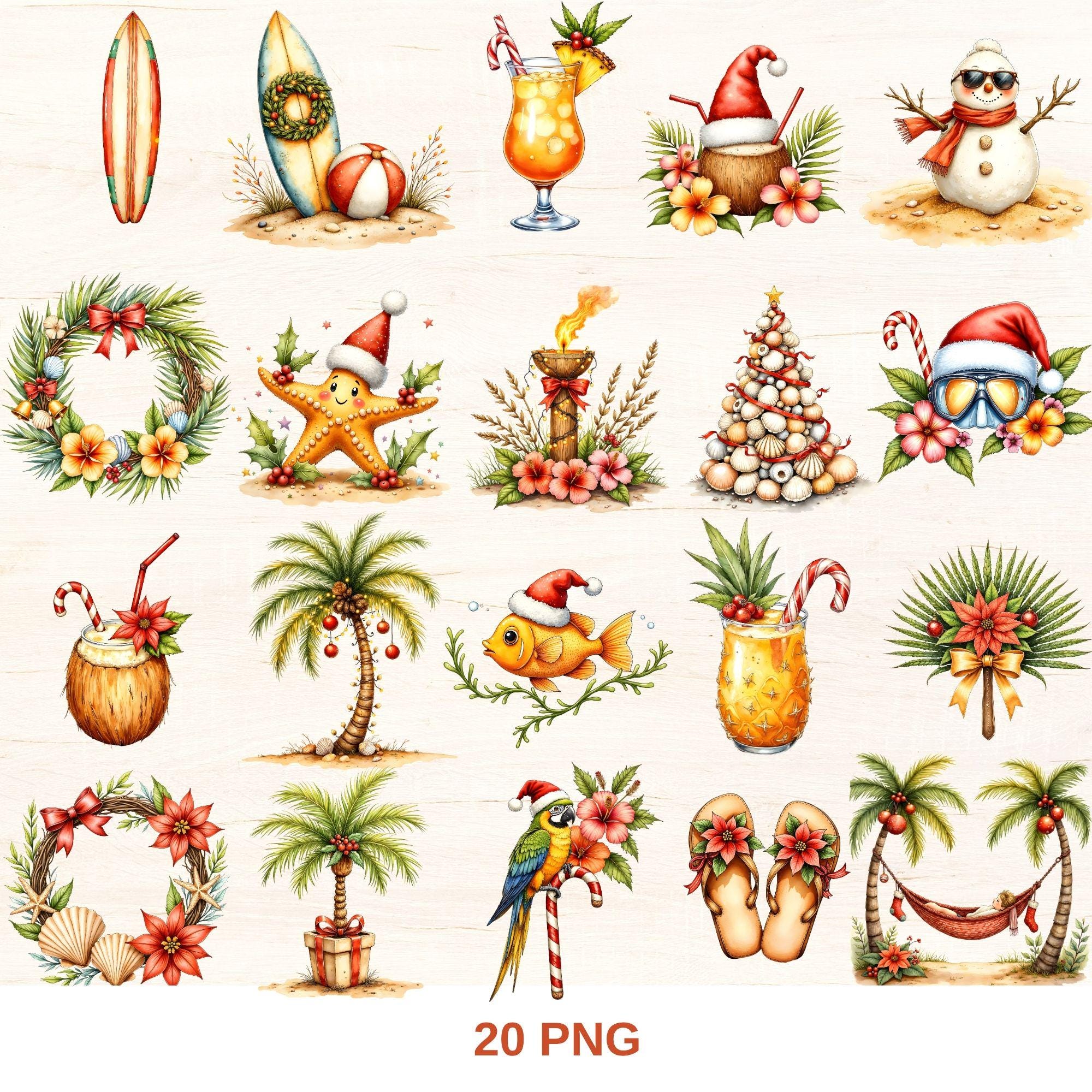 Tropical Christmas Clipart Set, Beach Holiday Watercolor PNG, Summer ...
