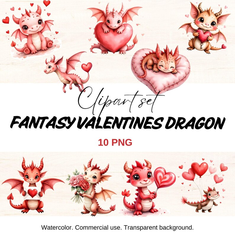 Fantasy Valentine Dragon Clipart Set, Baby Dragon Love, Valentines PNG ...