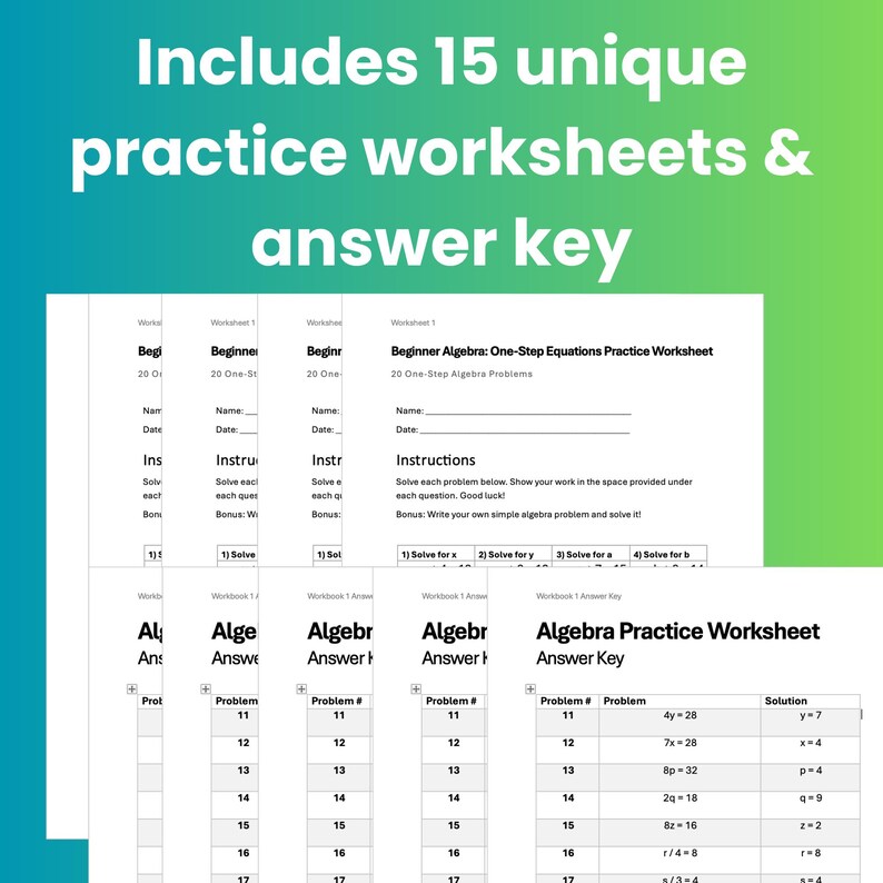 Bundle of 15 One Step Algebra Equations Printable Worksheets (300 ...