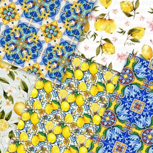 Mediterranean Tile, Lemon Digital Paper Pack, Blue, Yellow Watercolor ...