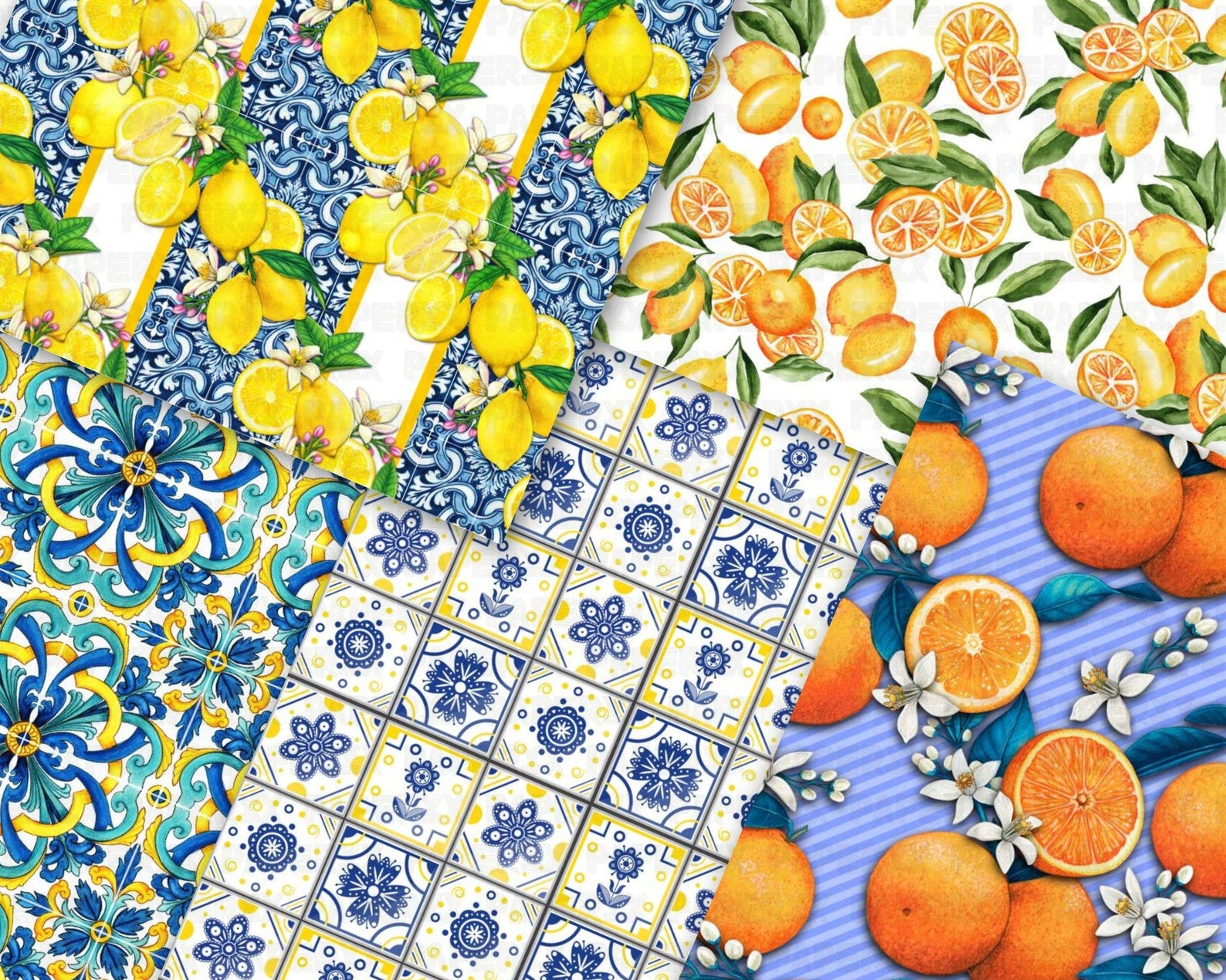 Mediterranean Tile, Lemon Digital Paper Pack, Blue, Yellow Watercolor ...