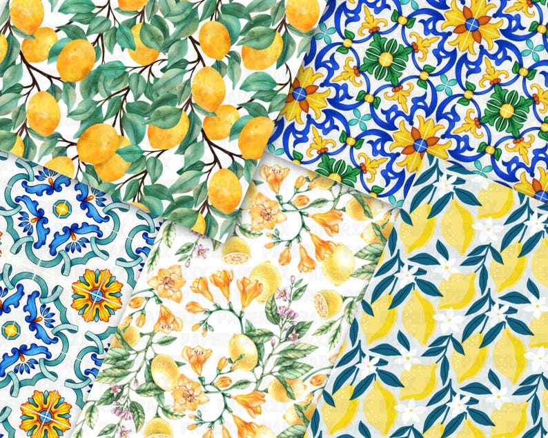 Mediterranean Tile, Lemon Digital Paper Pack, Blue, Yellow Watercolor ...