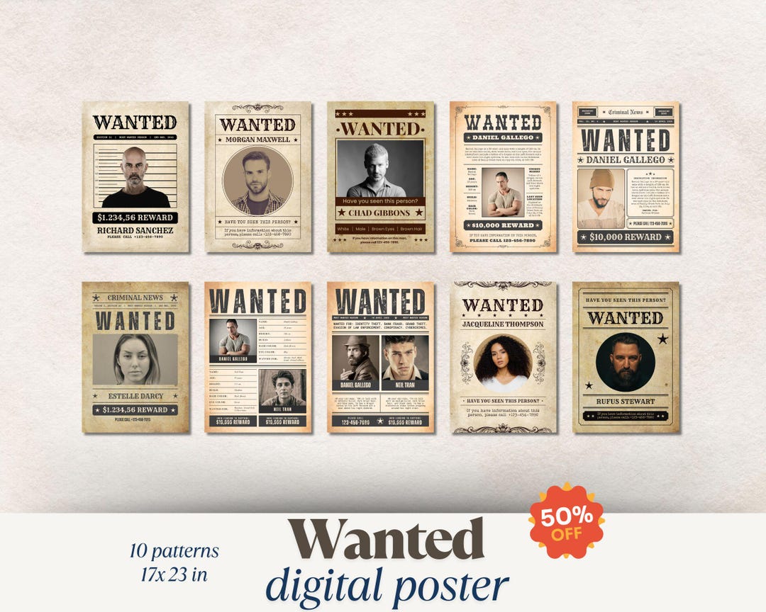 10 Digital Wanted Posters, Western Cowboy Rodeo Vibes With Old Paper ...