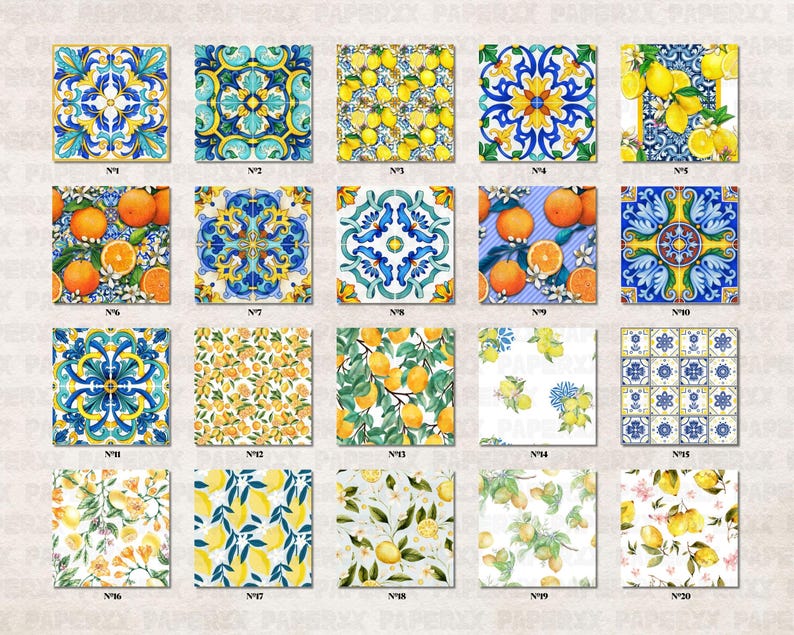 Mediterranean Tile, Lemon Digital Paper Pack, Blue, Yellow Watercolor ...