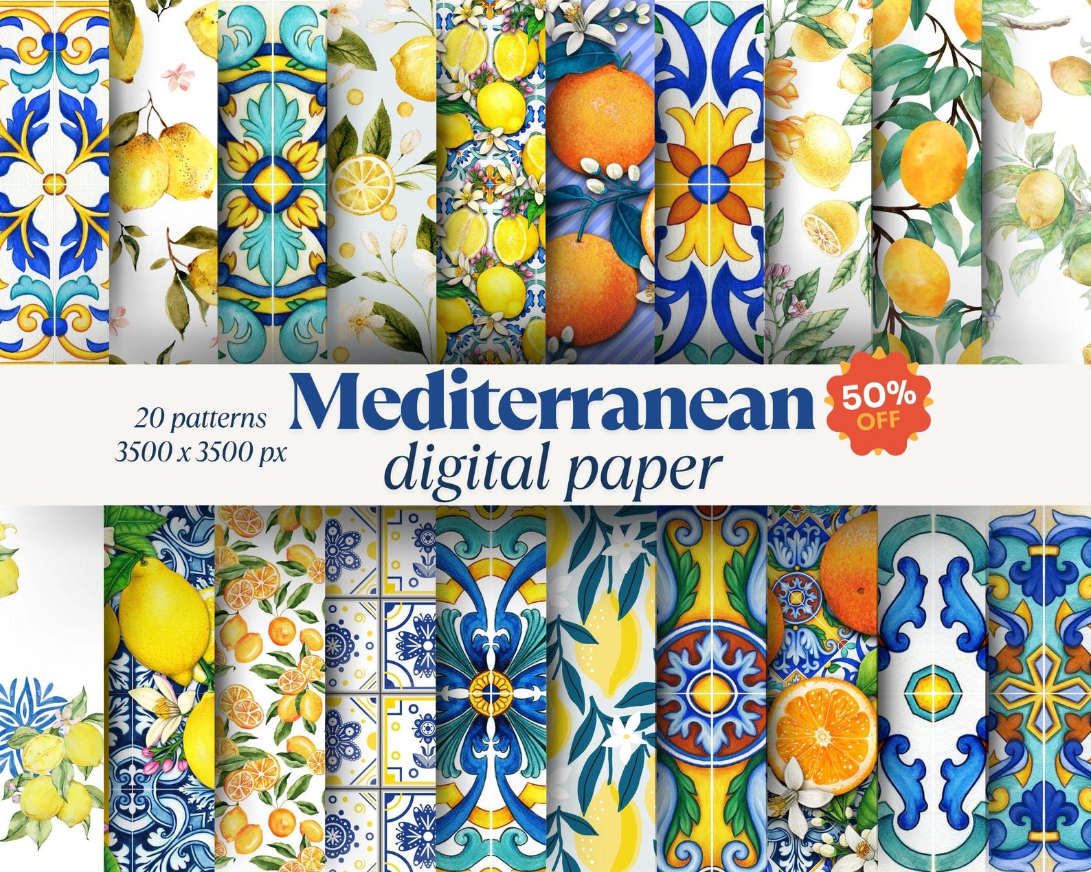 Mediterranean Tile, Lemon Digital Paper Pack, Blue, Yellow Watercolor ...