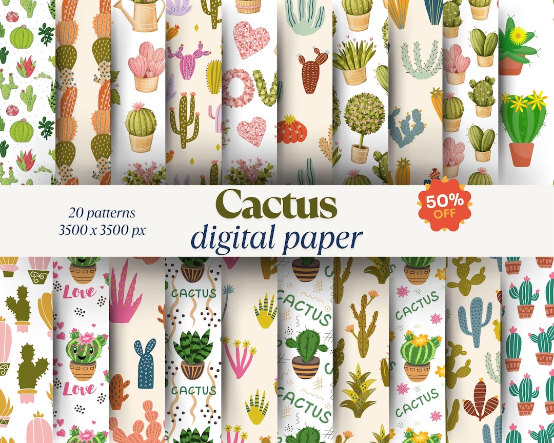 Boho Cactus Digital Paper Pack: Seamless Succulent Patterns (12x12, JPG ...
