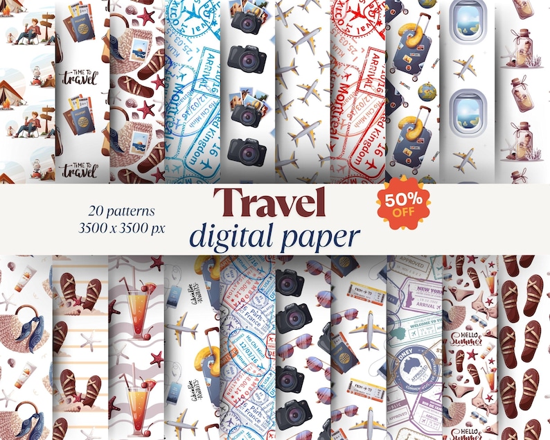 Travel Digital Paper Pack: Adventure Scrapbook Patterns (JPG, 12x12) - Etsy