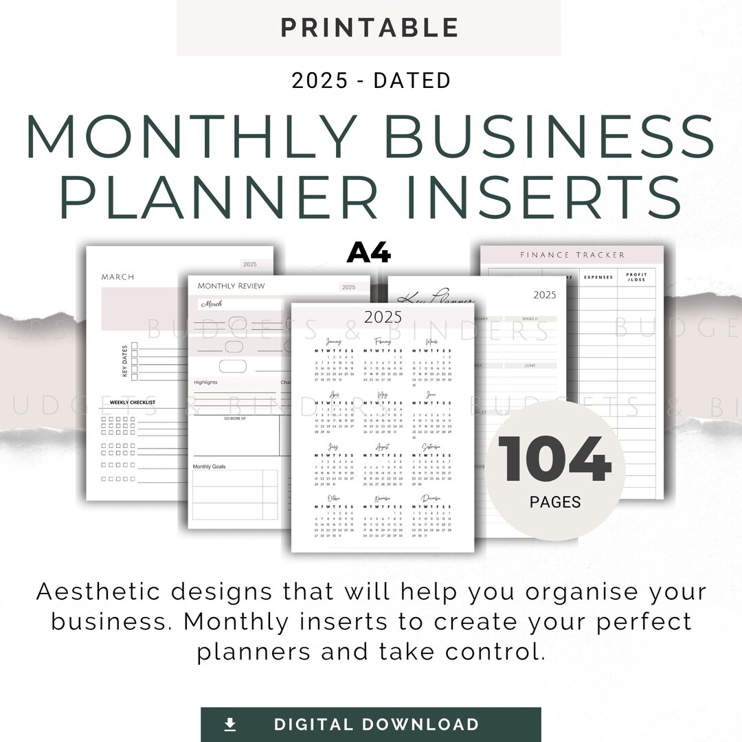 A4 Printable Monthly Business Planner Insert Bundle - Minimal Asthetic ...