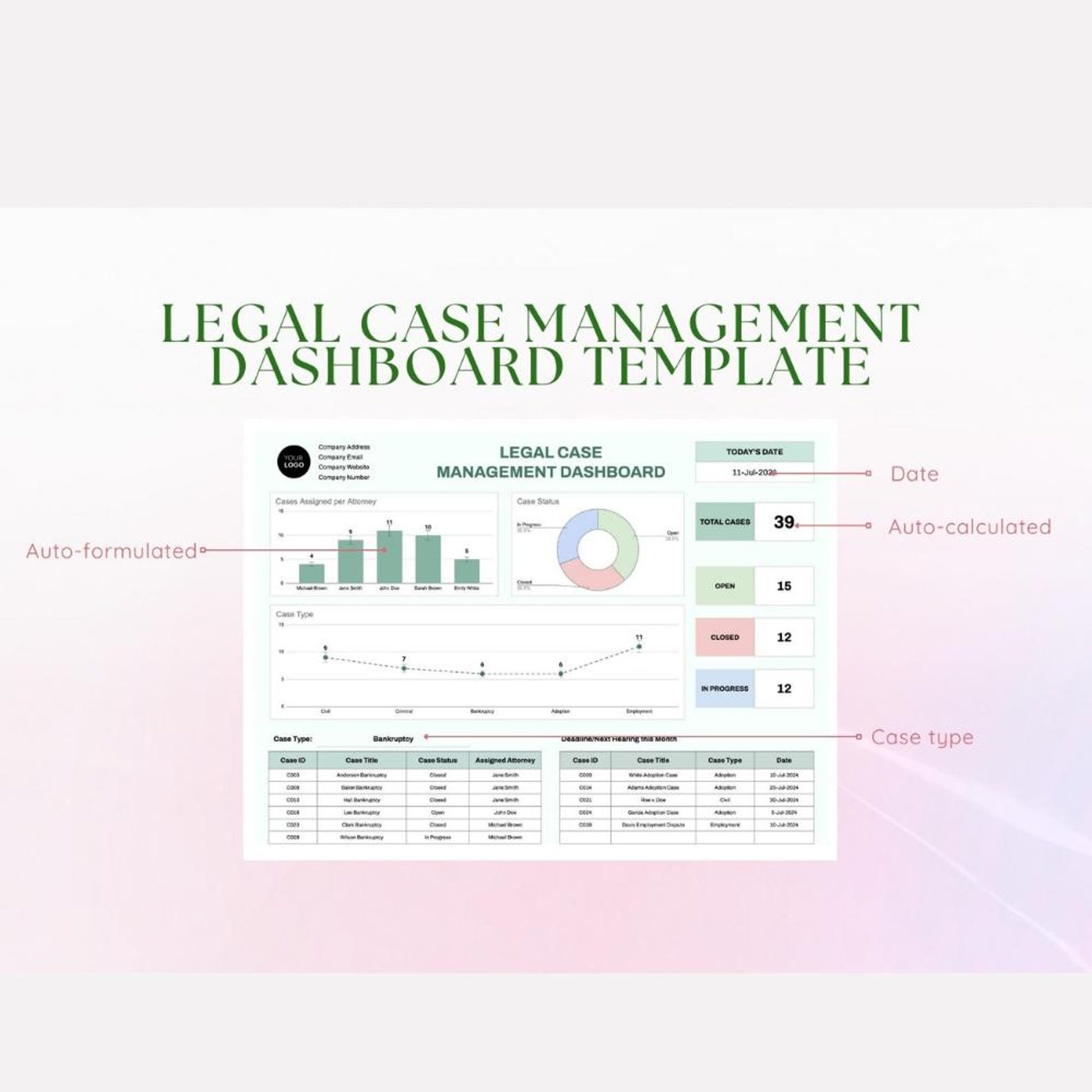 Legal Case Management Dashboard Excel & Google Sheets: Track Clients ...