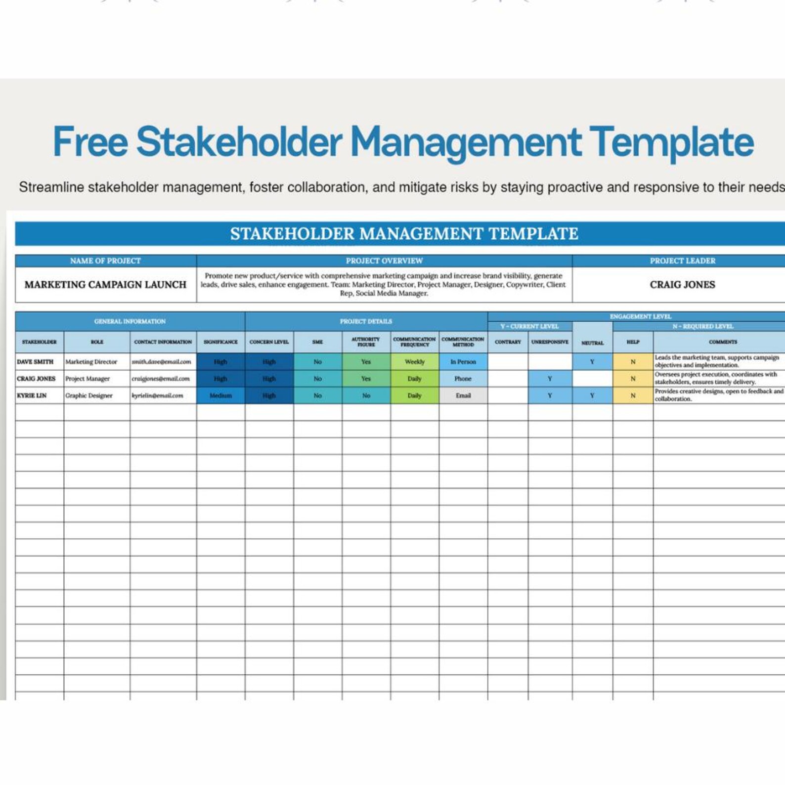 Stakeholder Management Template Excel & Google Sheets: Identify ...