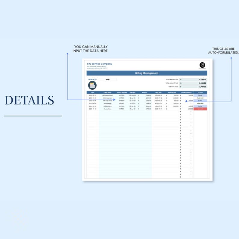 Billing Management Template Excel & Google Sheets: Track Invoices ...