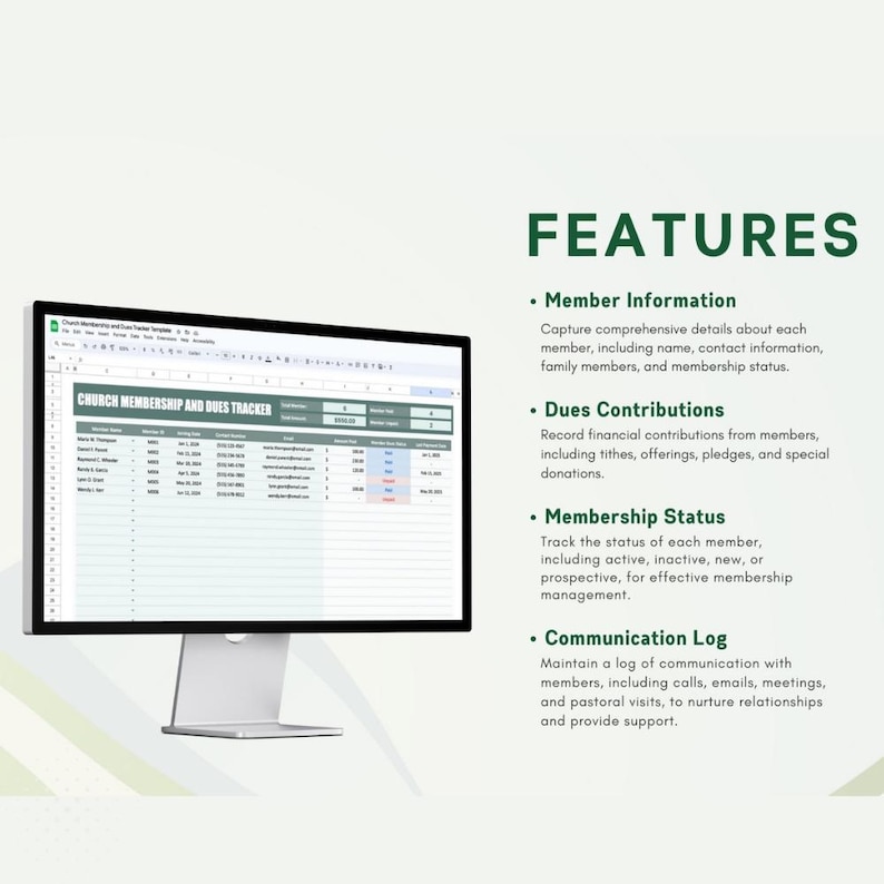 Church Membership & Dues Tracker Excel, Google Sheets: Manage Members ...