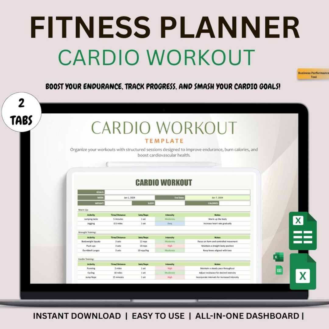Cardio Workout Planner: Fitness Tracker Excel & Google Sheets (digital ...