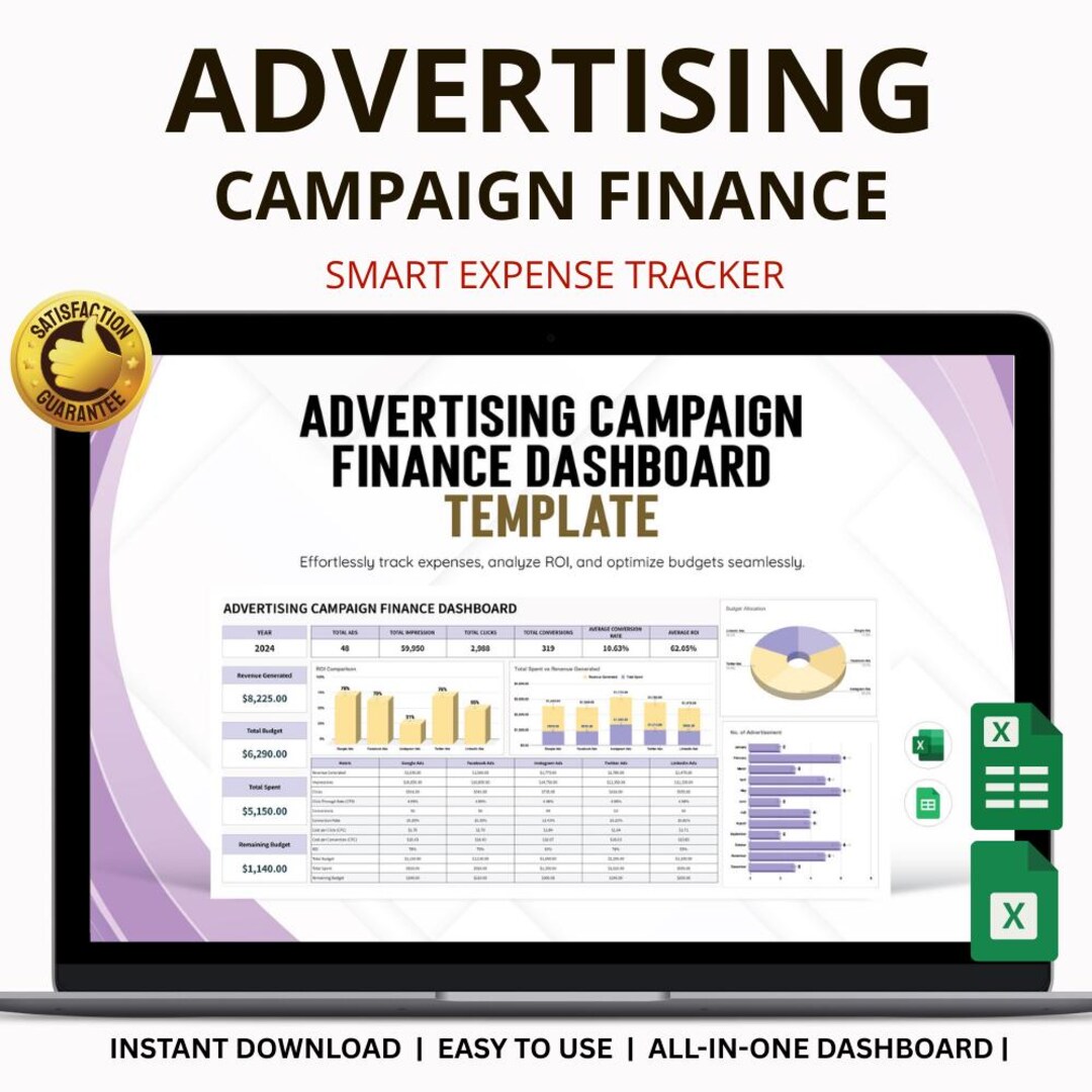 Advertising Campaign Finance Dashboard Excel & Google Sheets: Track ...