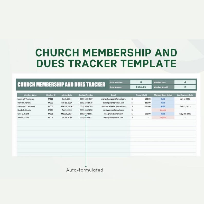 Church Membership & Dues Tracker Excel, Google Sheets: Manage Members ...
