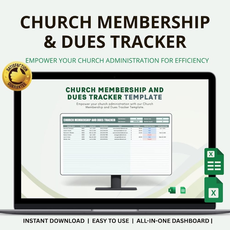 Church Membership & Dues Tracker Excel, Google Sheets: Manage Members ...