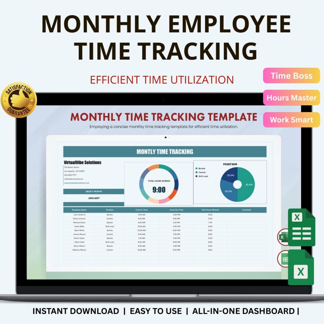 Monthly Time Tracking Template Excel & Google Sheets: Track Hours ...
