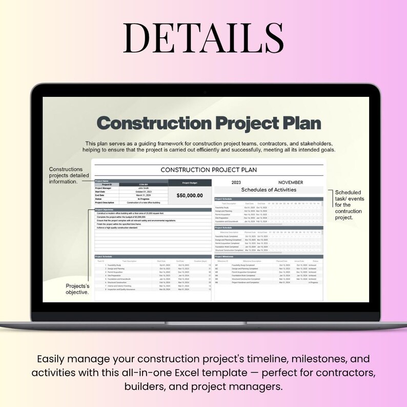 Construction Project Planner Excel | Contractor Timeline & Budget ...