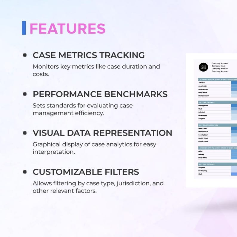 Legal Case Efficiency Dashboard Excel & Google Sheets: Track Workload ...