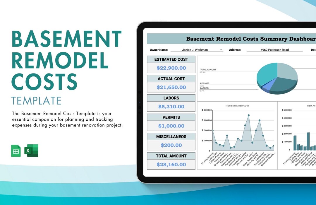 Basement Remodel Costs Template | Excel & Google Sheets Budget, Cost ...