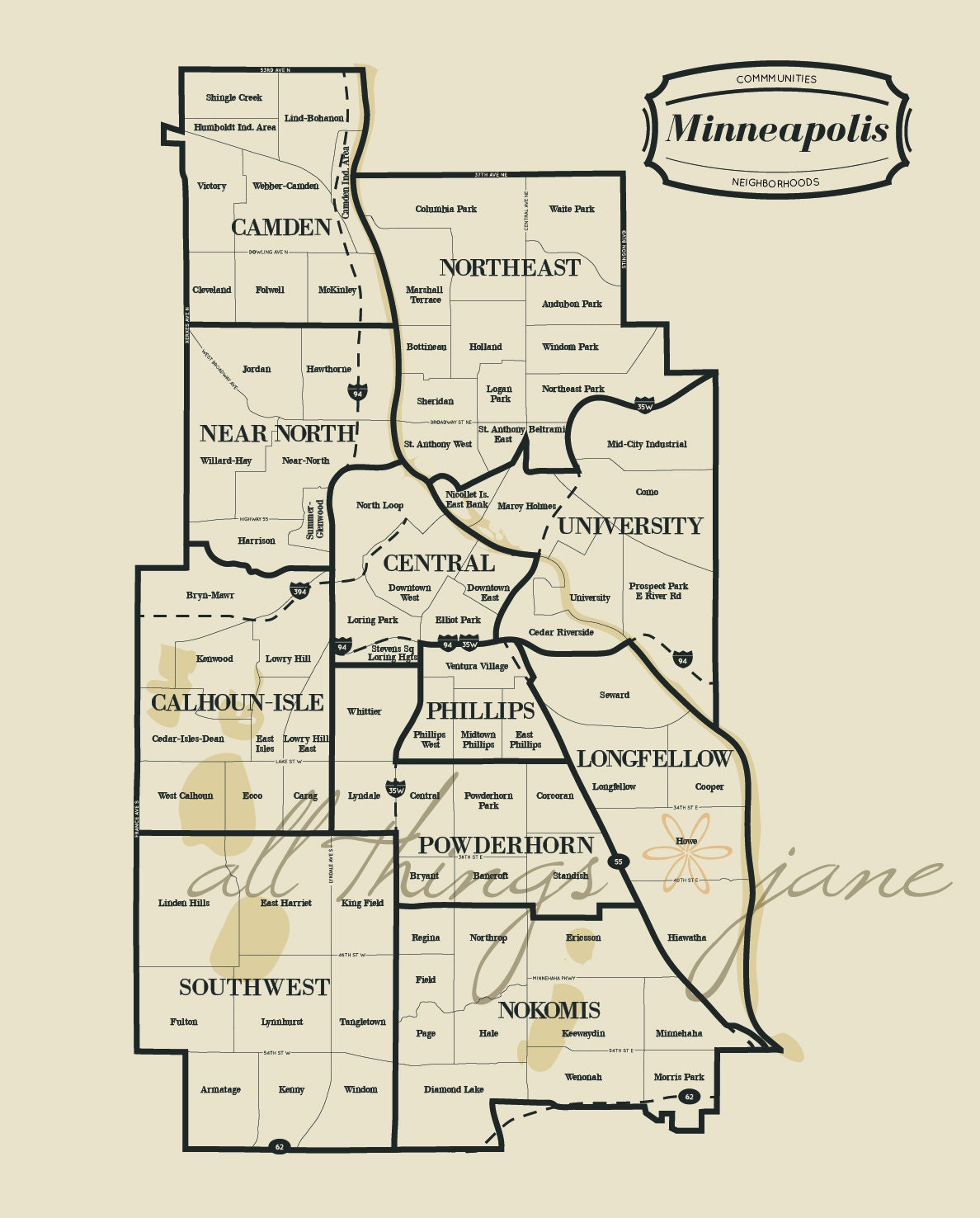 Minneapolis Neighborhood Map Wall Art Home Decor Poster - Etsy