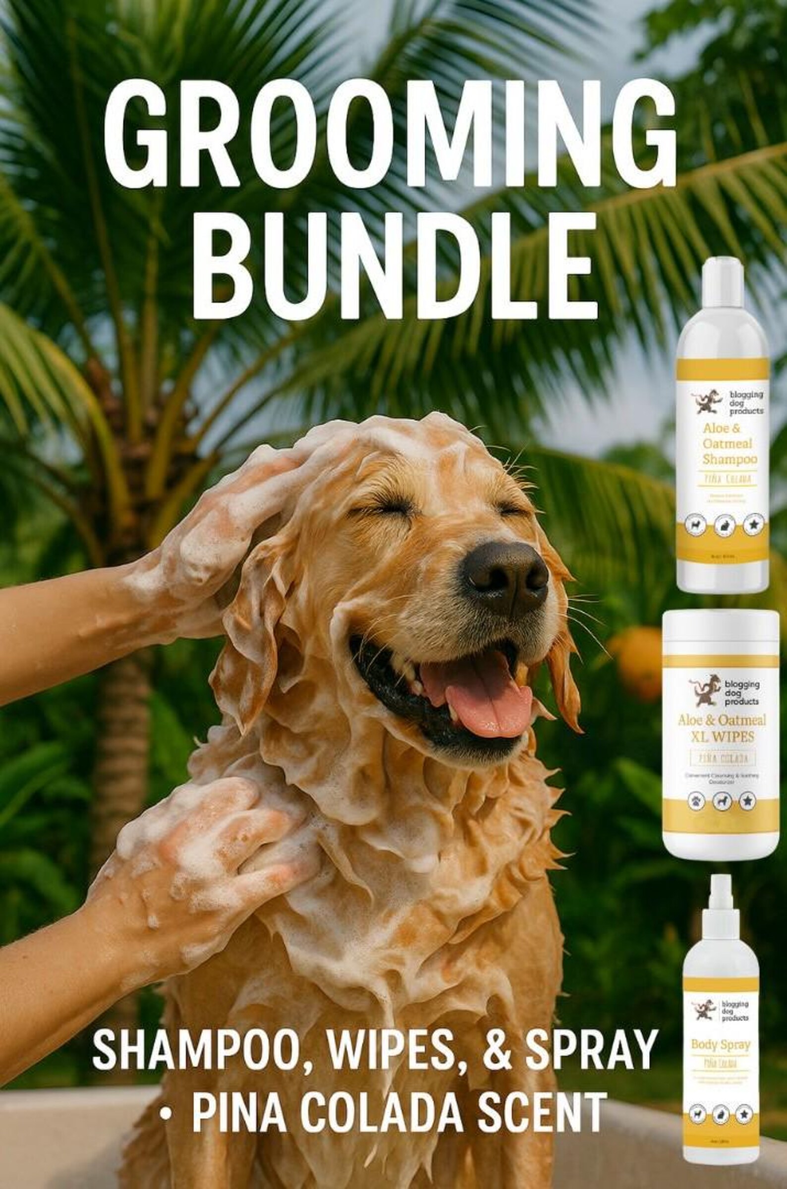 Pina Colada Dog Grooming Set: Oatmeal Shampoo, Pet Wipes & Deodorizing ...