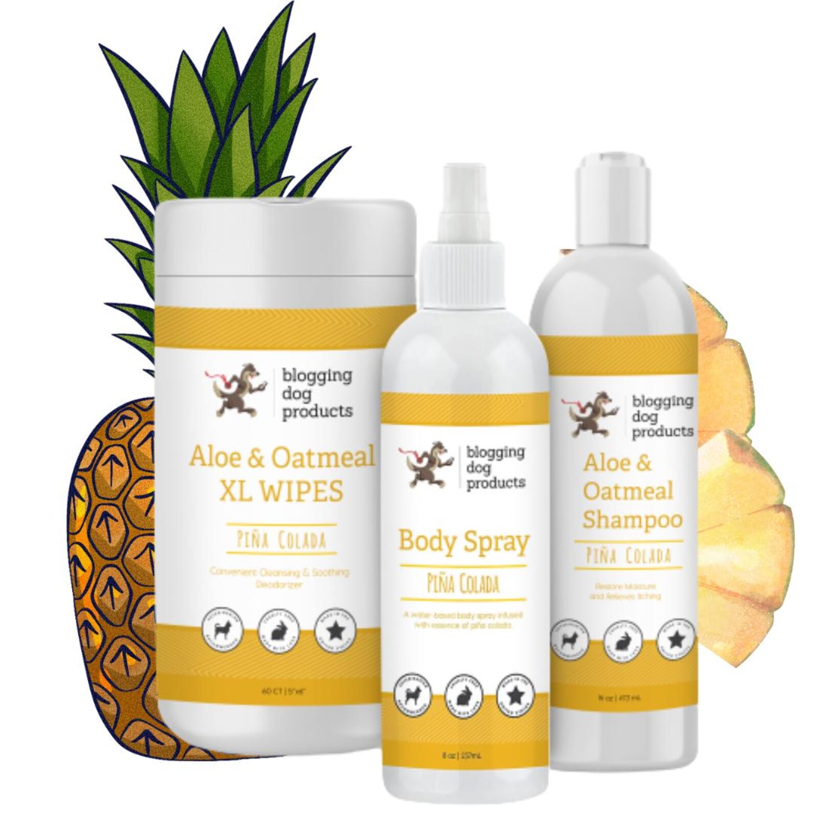 Pina Colada Dog Grooming Set: Oatmeal Shampoo, Pet Wipes & Deodorizing ...