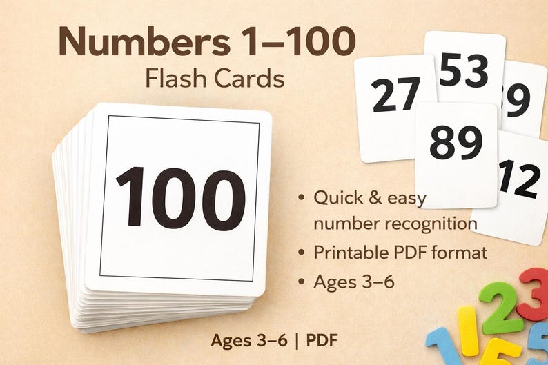Numbers 1–100 Flash Cards | Number Recognition Printable for Preschool ...
