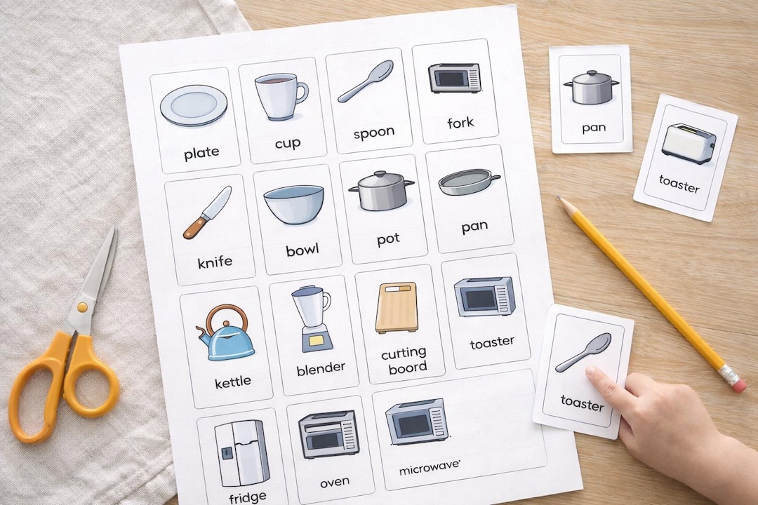 Kitchen Items Flash Cards for Kids | Printable Vocabulary Cards ...
