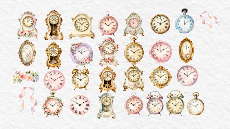 Vintage Floral Clipart Bundle, Watercolor Clocks, Bird Cages, Tea ...
